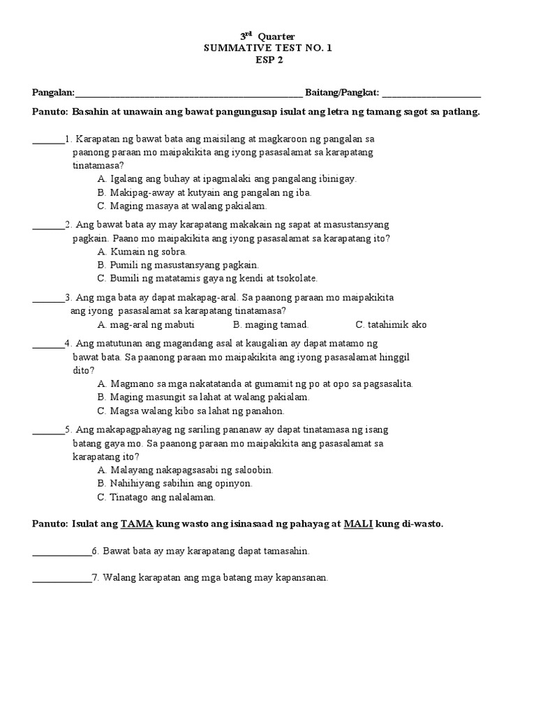 Third Quarter Summative Test 1 | PDF