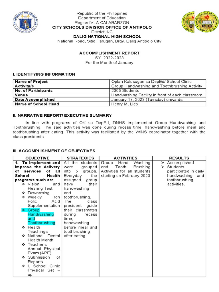 Accomplishment Report - Handwashing Toothbrushing | PDF | Hand Washing ...