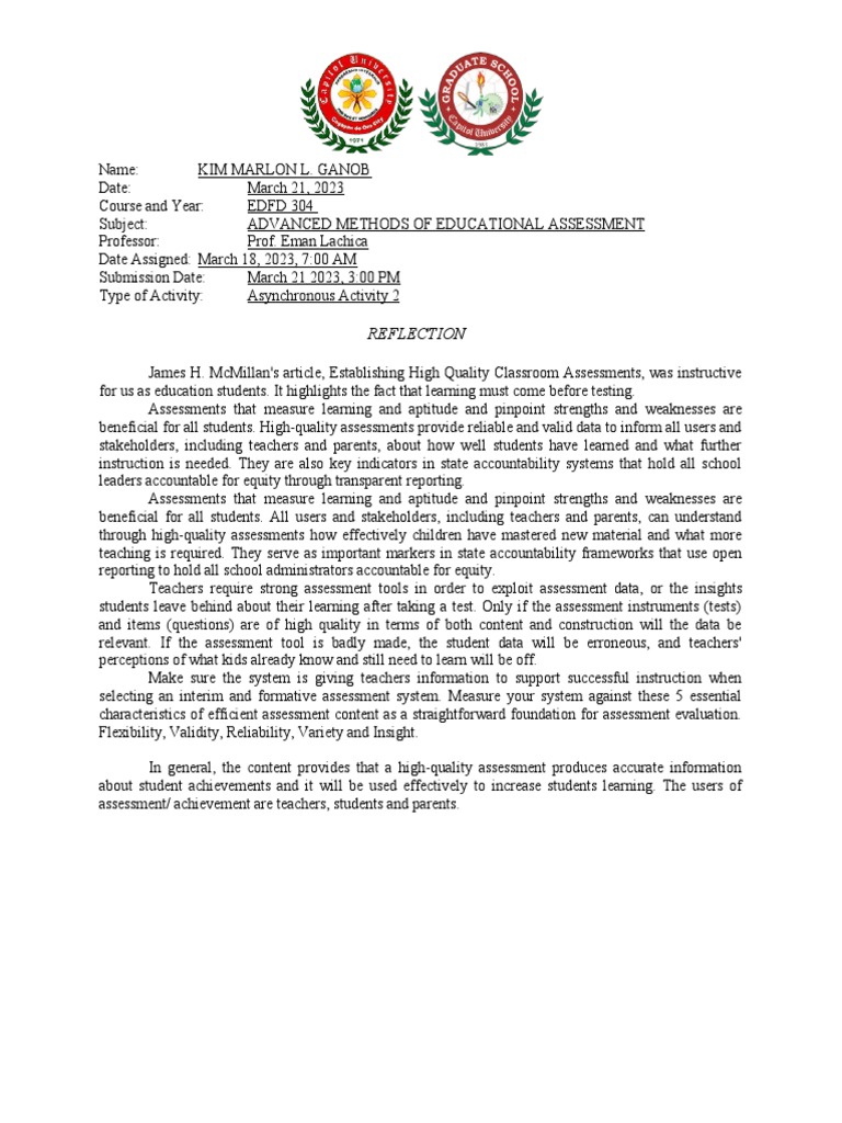 REFLECTION | PDF | Educational Assessment | Behavior Modification