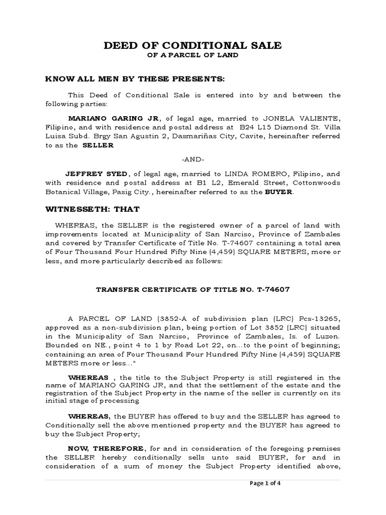 Deed of Conditional Sale | PDF | Easement | Sales