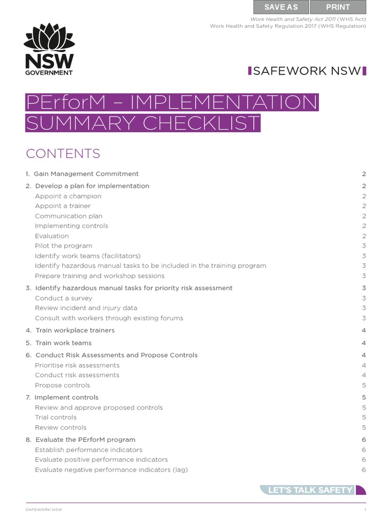 Perform - Implementation Summary Checklist: Safework NSW | PDF | Risk ...