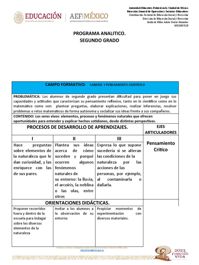 Programa Analitico de Saberes y Pensamiento Cientifico 2dos. | PDF | Educación de la primera ...