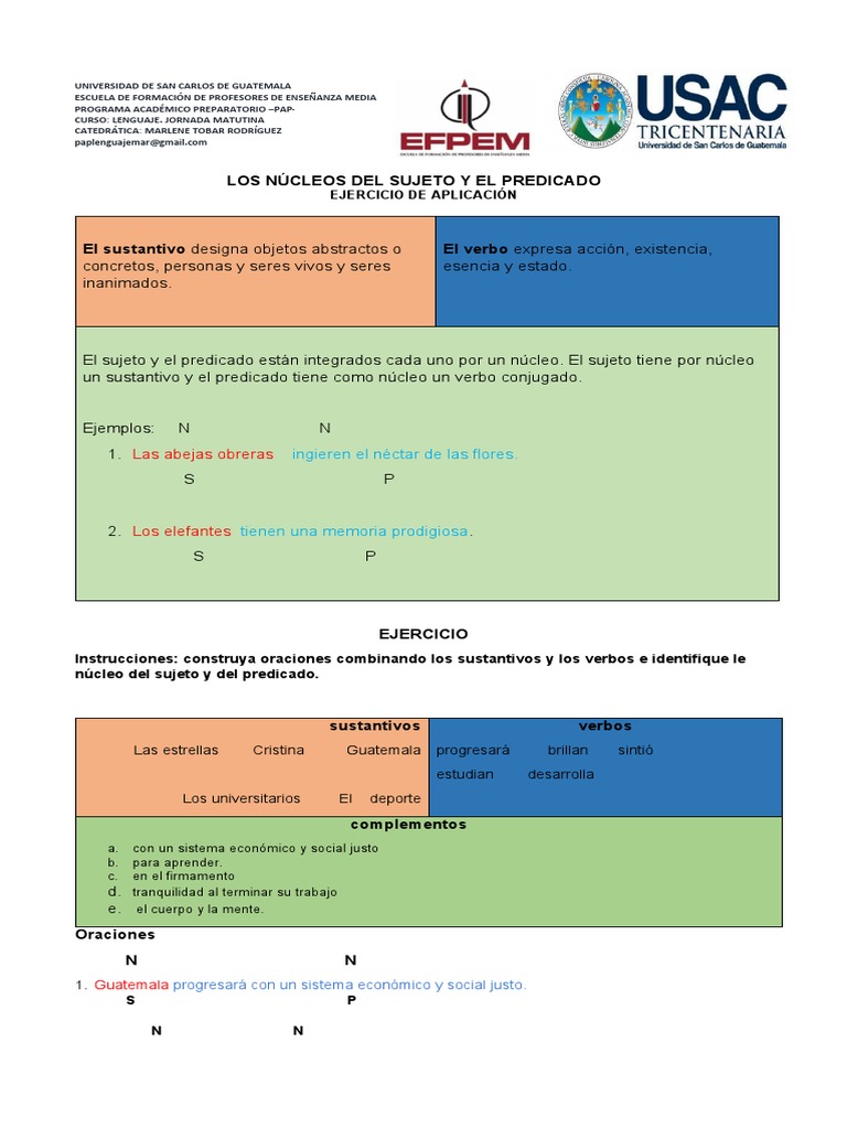 Núcleos Del Sujeto y El Predicado - Ejercicio.estudiantes. | PDF