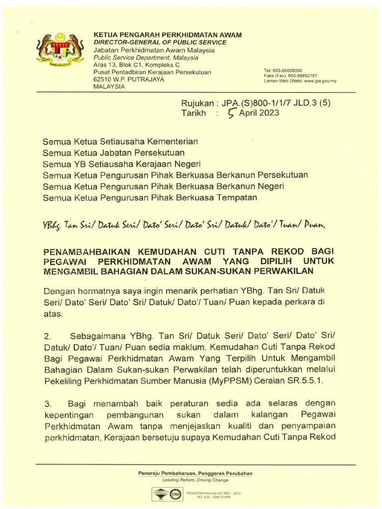 Surat Edaran Jpa Bagi Pegawai Perkhidmatan Awam Yang Menyertai Sukan | PDF