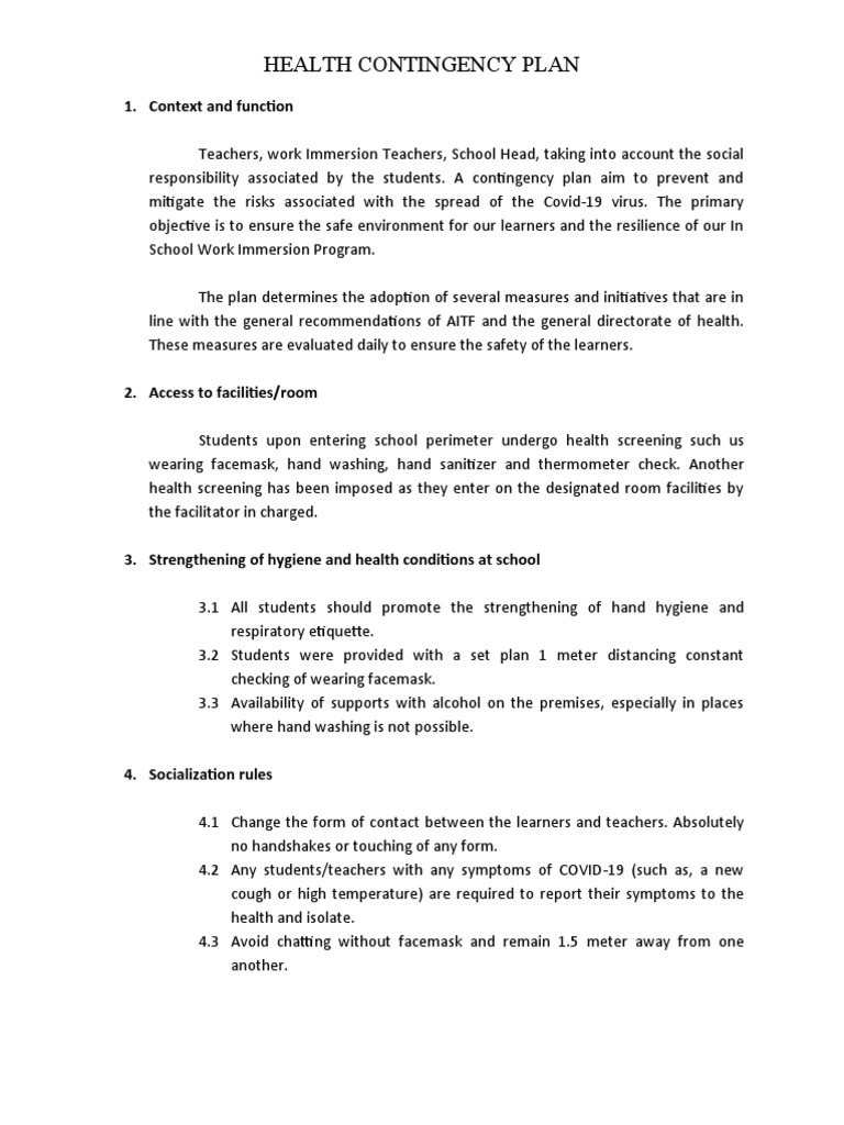 HEALTH CONTINGENCY PLAN | PDF
