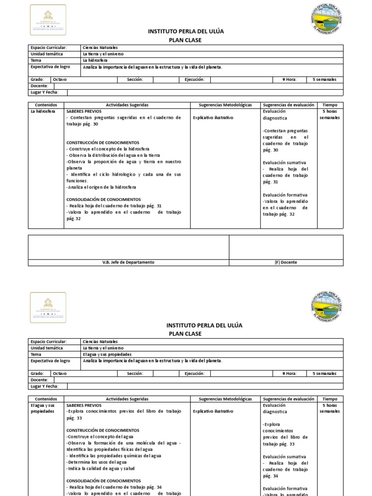 Instituto Perla Del Ulúa Plan Clase | PDF | Agua | Evaluación