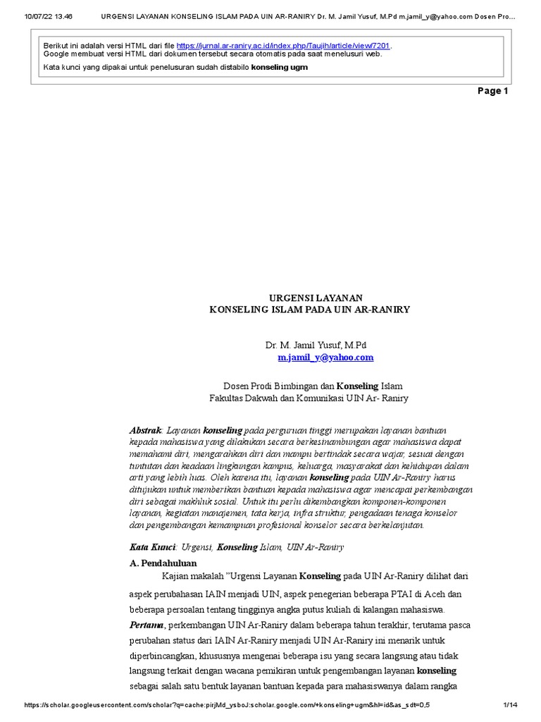 URGENSI LAYANAN KONSELING ISLAM PADA UIN AR-RANIRY Dr. M. Jamil Yusuf, M.PD M.jamil - Y@yahoo ...