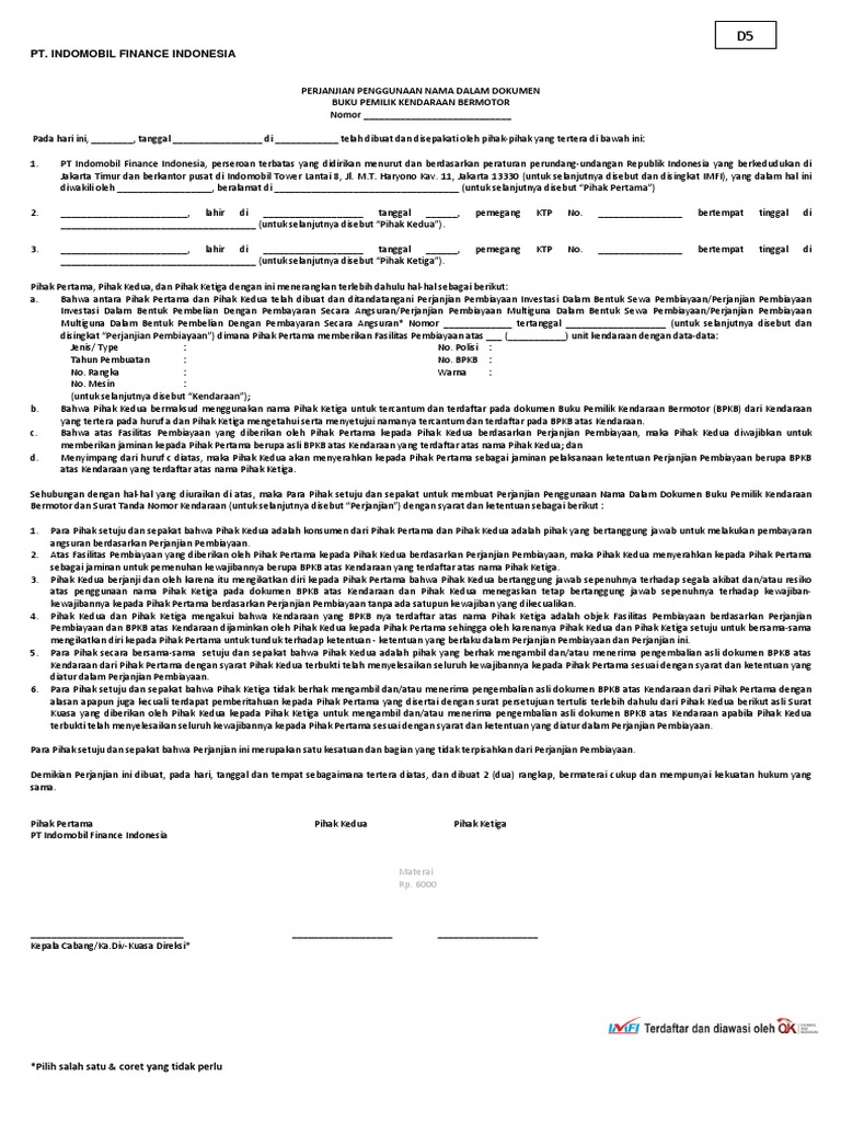 FORM D5 - Perjanjian Penggunaan Nama Dalam BPKB (Konsumen PERORANGAN & Nama BPKB PERORANGAN ...