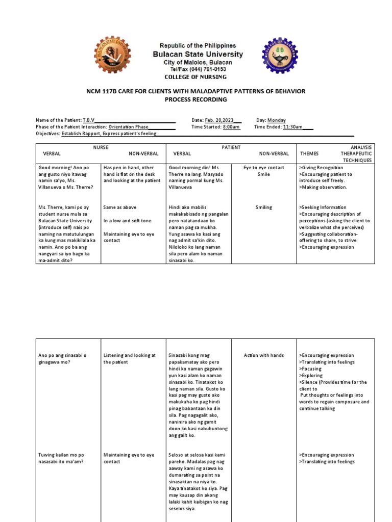 Process Recording Sample | PDF | Communication | Psychological Concepts