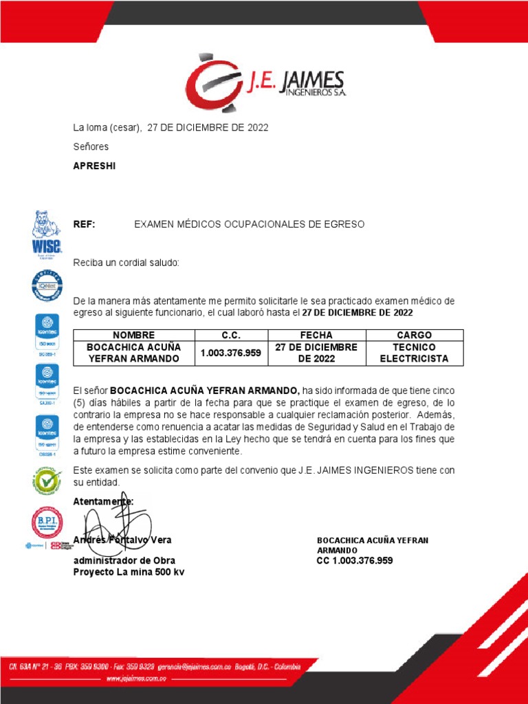 Terminacion de Contrato Yefran Bocachica | PDF | Finanzas y dinero