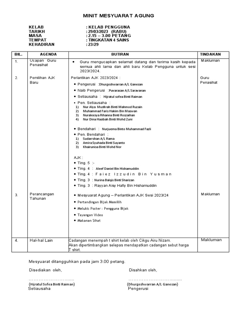 Minit Mesyuarat Agung Kelab Pengguna | PDF