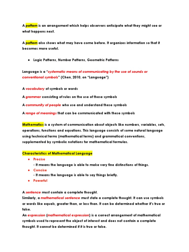 Understanding Patterns, Language, and Mathematics | PDF | Set (Mathematics) | Mathematics