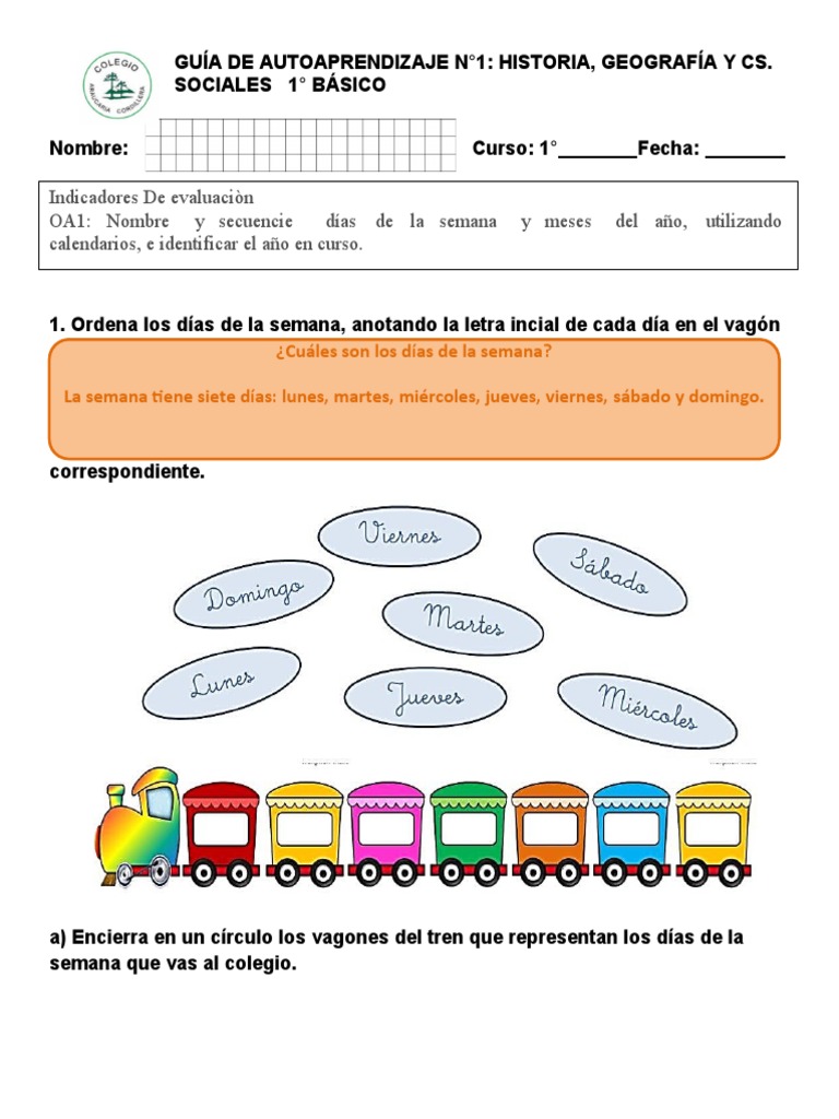 Indicadores de Evaluaciòn OA1: Nombre y Secuencie Días de La Semana y ...
