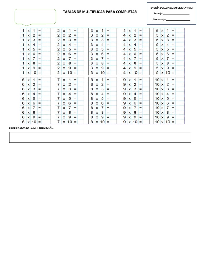Tablas de Multiplicar para Completar | PDF