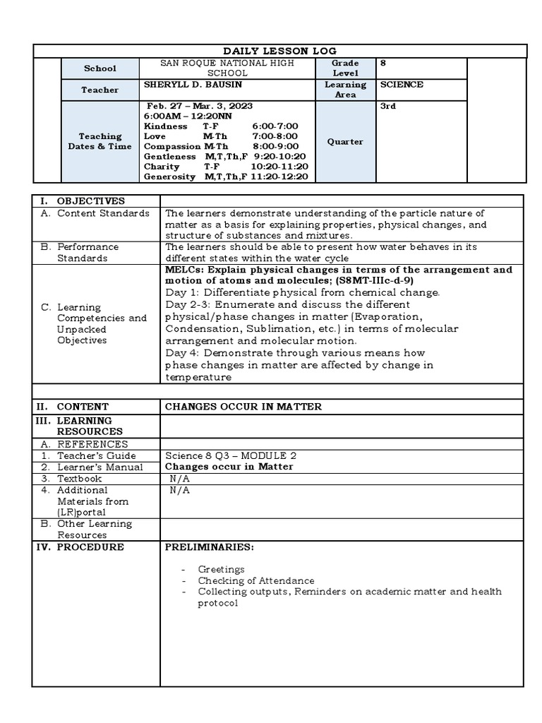 Grade 8 Science Lesson Plan: Matter Changes | PDF | Matter | Learning