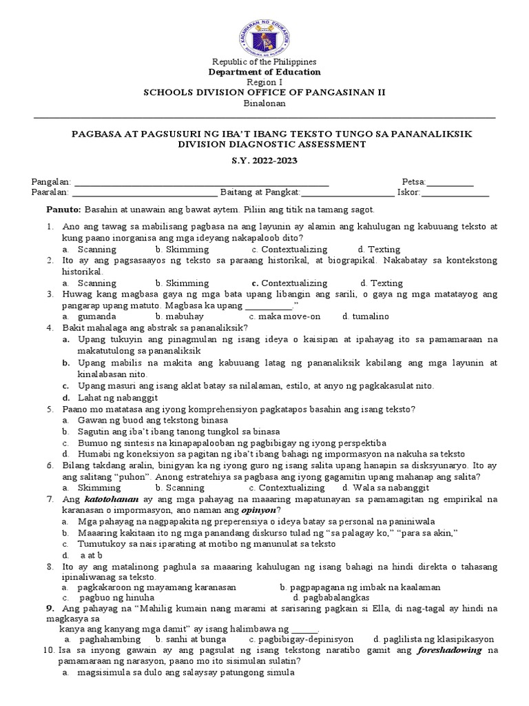 SHS Pagbasa at Pagsusuri Sa Ibat Ibang Teksto Tungo Sa Pananaliksik | PDF