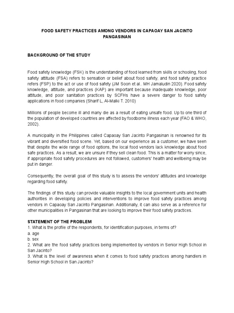 Food Safety Practices Among Vendors in Capaoay San Jacinto Pangasinan ...