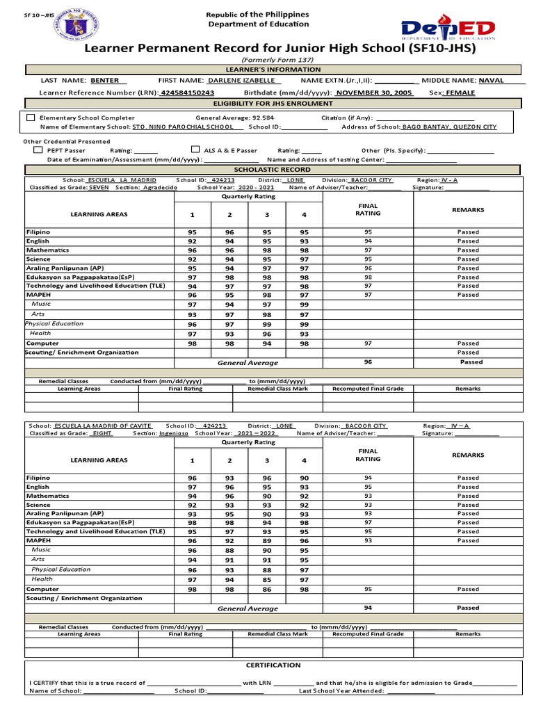 Learner Permanent Record For Junior High School (SF10-JHS) | PDF