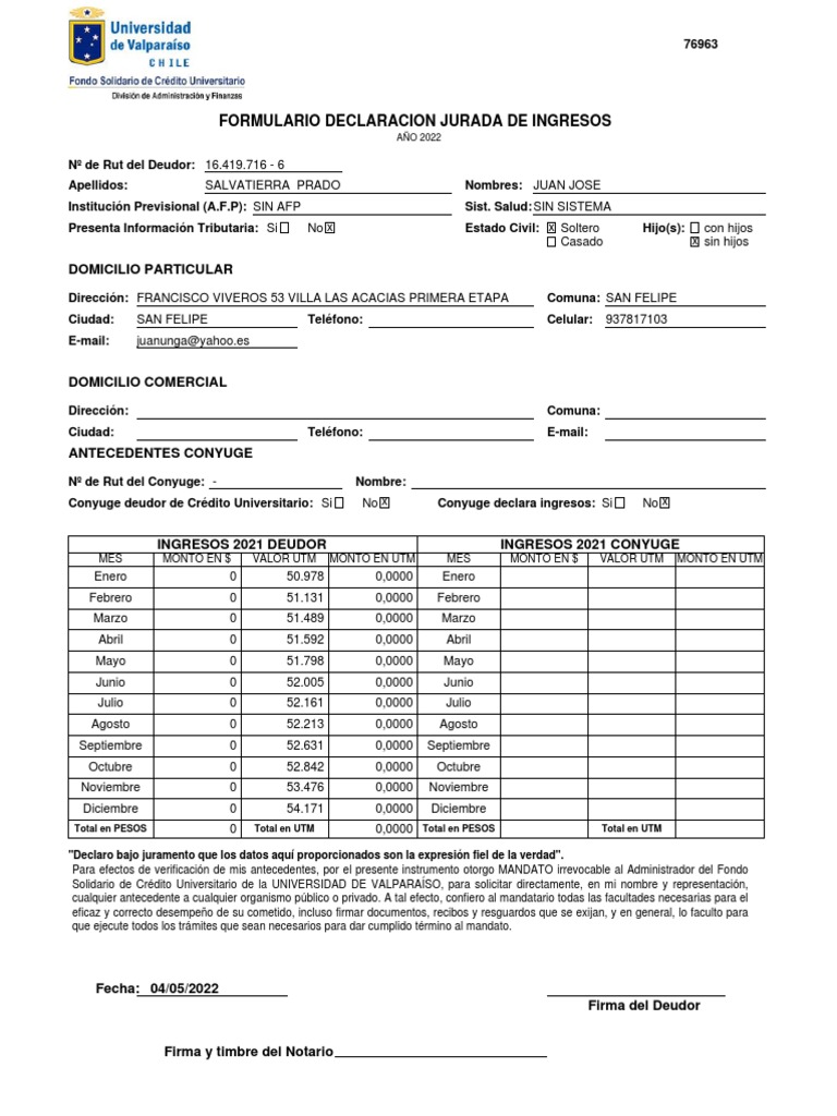 Formulario Declaracion Jurada de Ingresos: Domicilio Particular | PDF