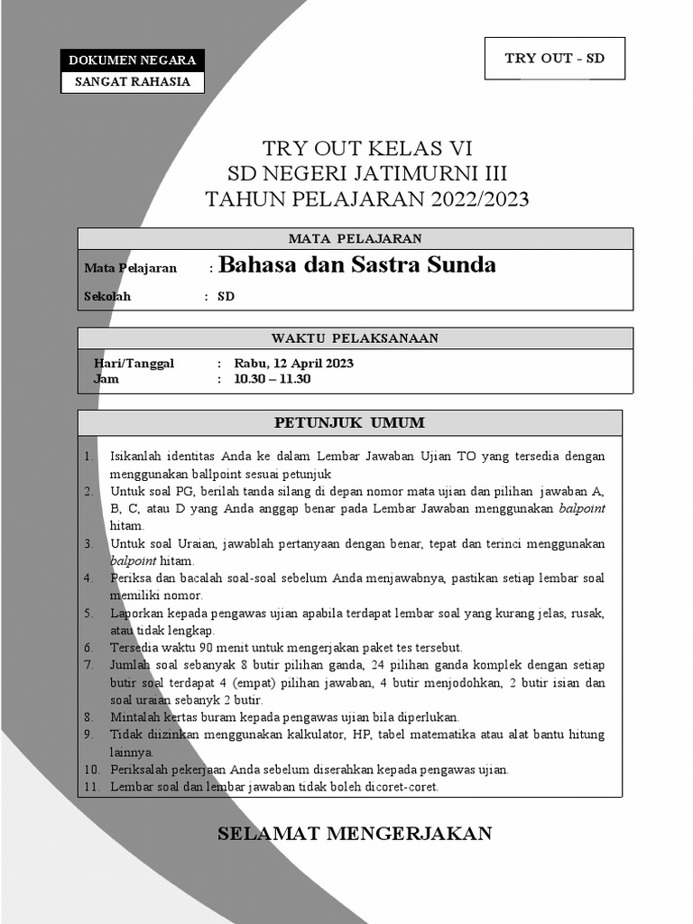 Naskah Soal US Bahasa Sunda 2020 P. Heru | PDF
