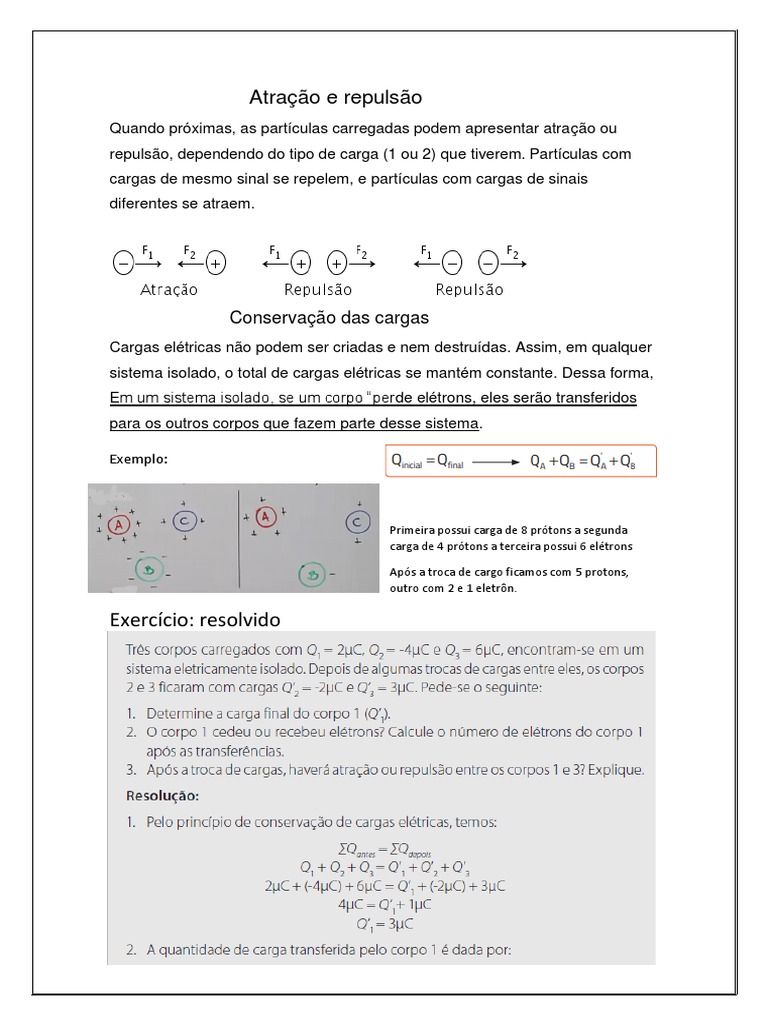 Atração e Repulsão: Exercício: Resolvido | PDF | Carga elétrica | Elétron