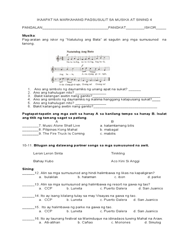 Musika at Sining 4 4TH Grading Exam | PDF
