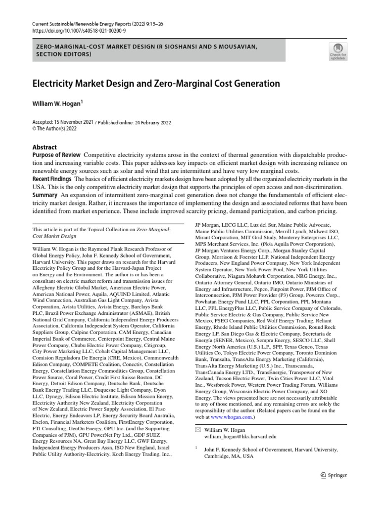 WW Hogan - Electricity Market Design and Zero Marginal Cost Generation | PDF | Market (Economics ...