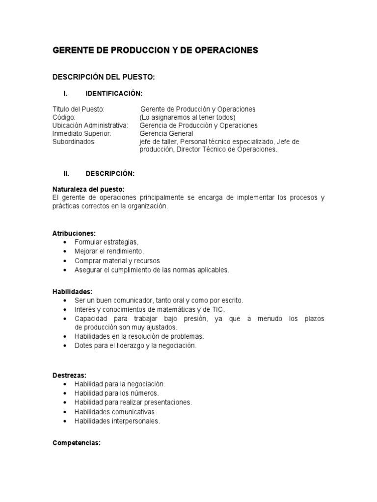 Formato - Gerente de Produccion | PDF | Calidad (comercial) | Presupuesto