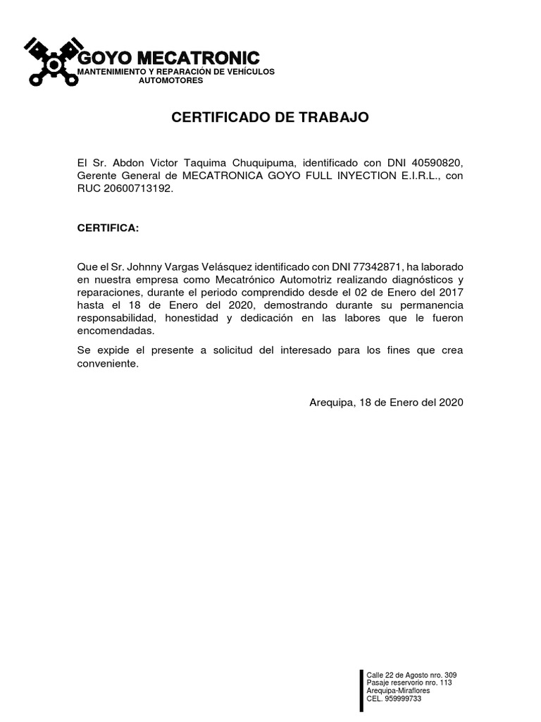 Certificado Trabajo 01 | PDF