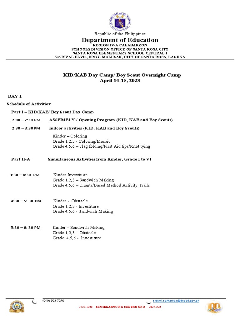 Department of Education: KID/KAB Day Camp/ Boy Scout Overnight Camp ...