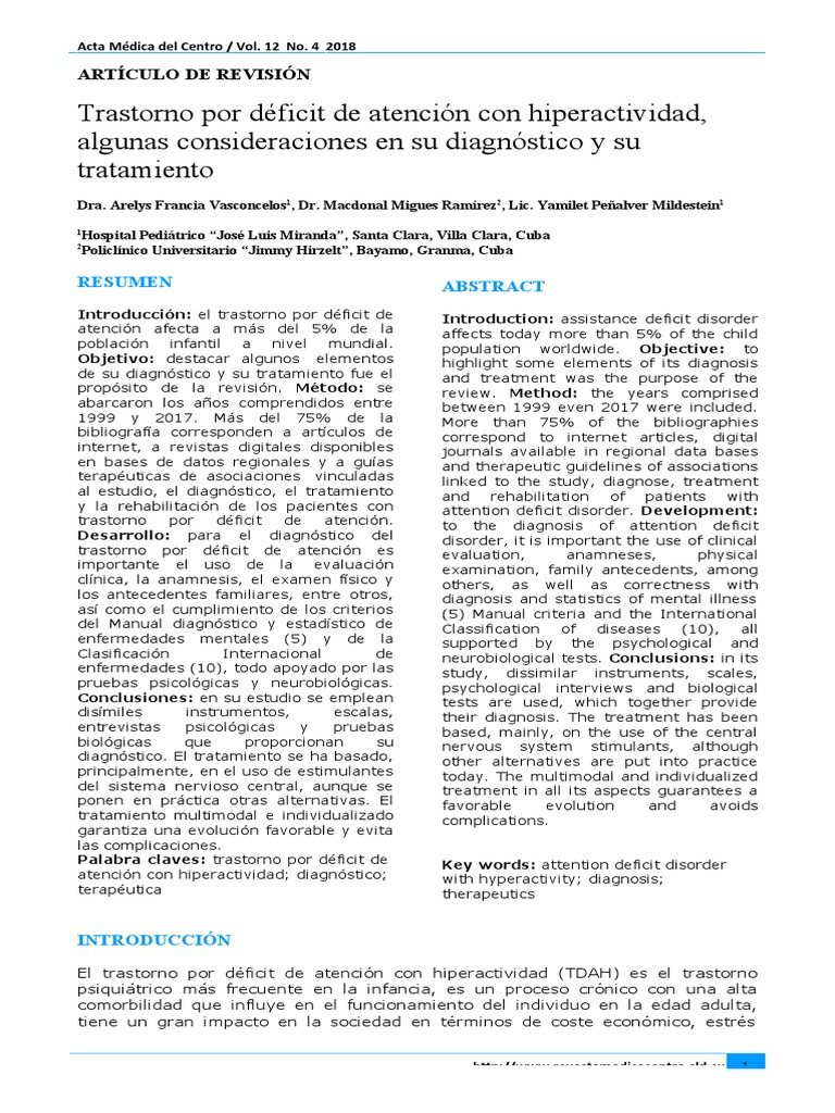 TDAH, Algunas Consideraciones en Su Diagnóstico y Su Tratamiento | PDF | Desorden hiperactivo y ...