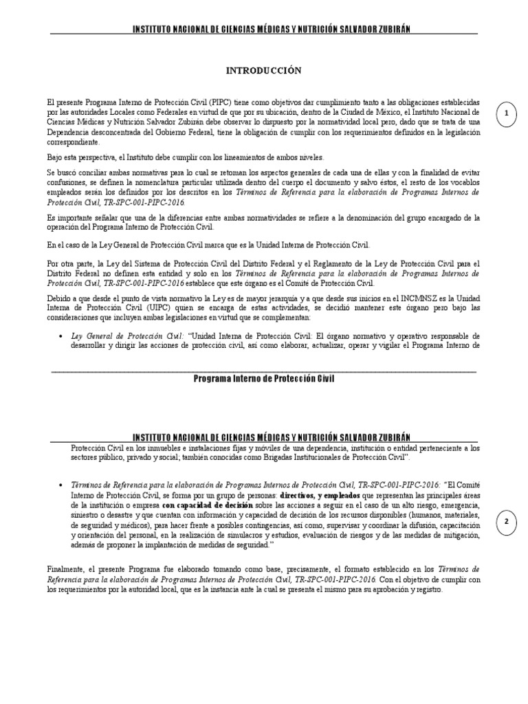 Programa Protección Civil INCMNSZ | PDF | Defensa Civil | Riesgo