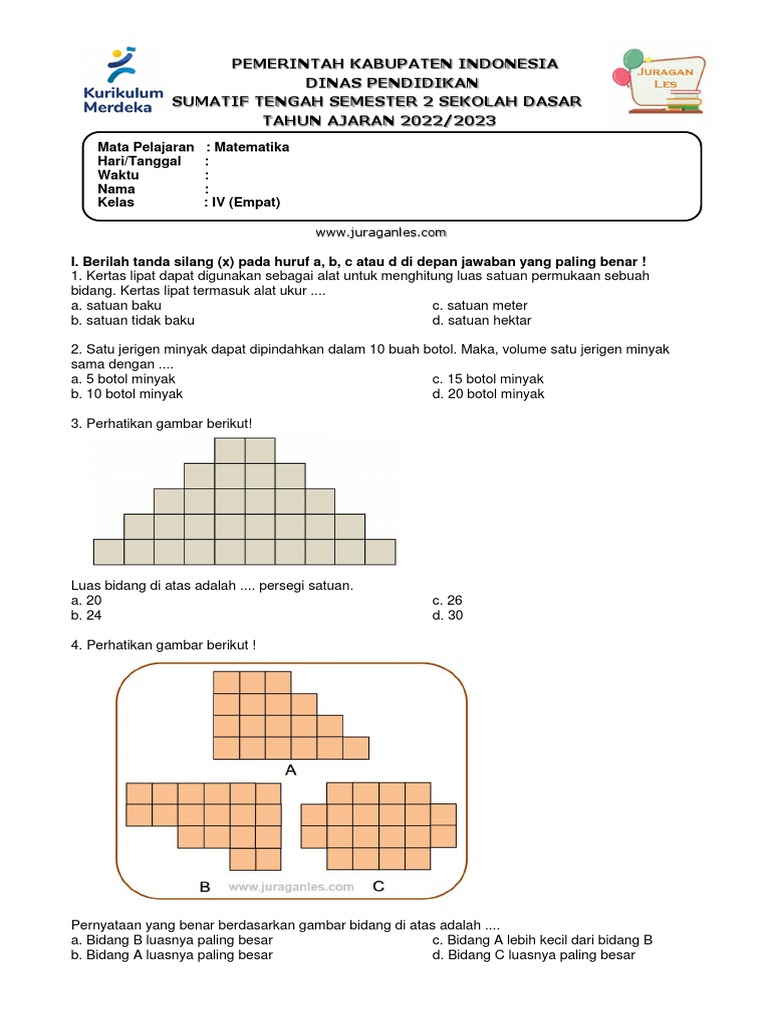 Soal PTS Matematika Kelas 4 Semester 2 Kurikulum Merdeka | PDF