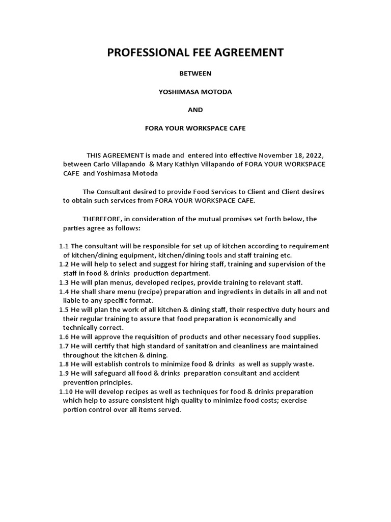 Professional Fee Agreement | PDF | Restaurants | Kitchen