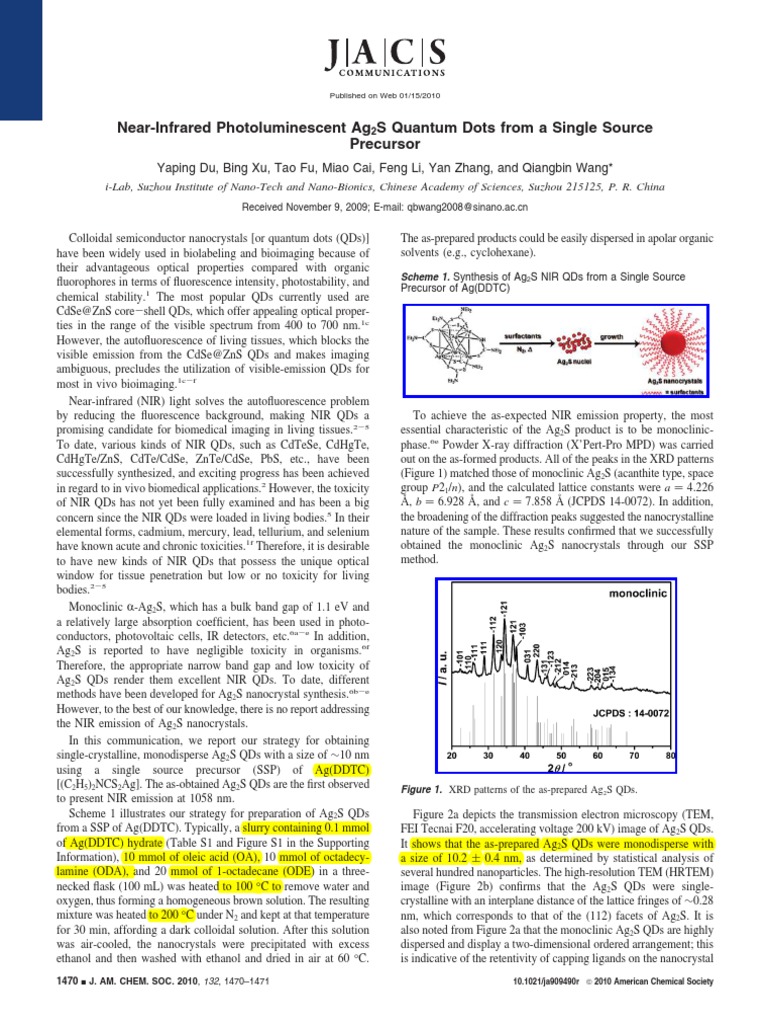 Near-Infrared Photoluminescent Ag2S Quantum Dots from a Single Source ...