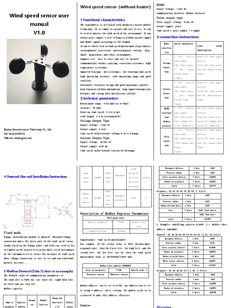 Wind Speed Sensor User Manual | PDF | Power Supply | Parameter ...