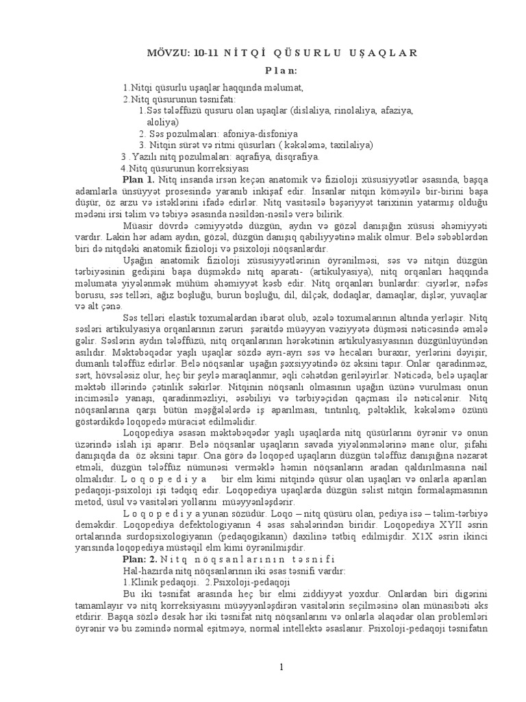 Movzu 10-11 Nitqi Qusurlu Usaqlar | PDF