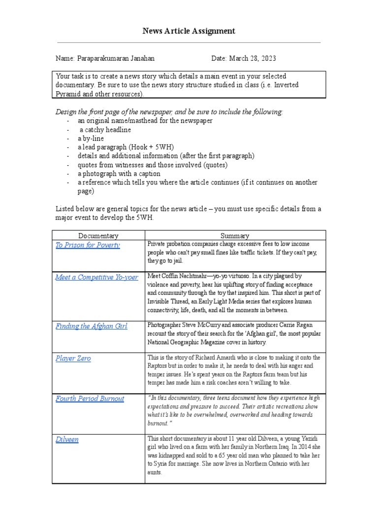 Copy of News Article Assignment & Rubric | PDF | News | Communication