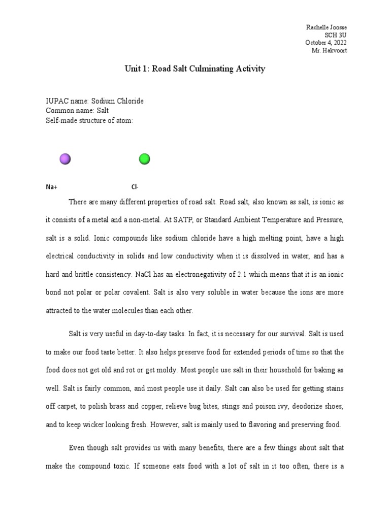 Unit 1 Culminating Activity SCH 3U | PDF | Sodium Chloride | Ionic Bonding