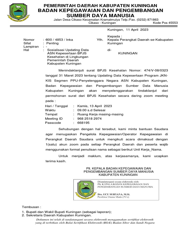 Surat Undangan Sosialisasi Updating Data ASN Kepesertaan BPJS Kesehatan ...
