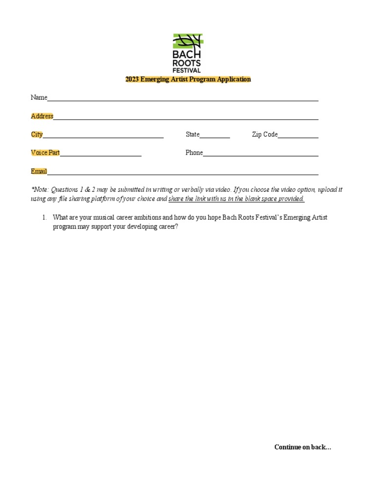 2023 Emerging Artist Application Bach Roots Festival | PDF