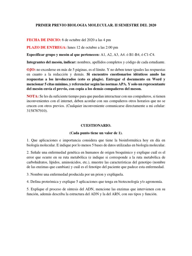Primer Previo Biologia Molecular. Ii S.2020. | PDF