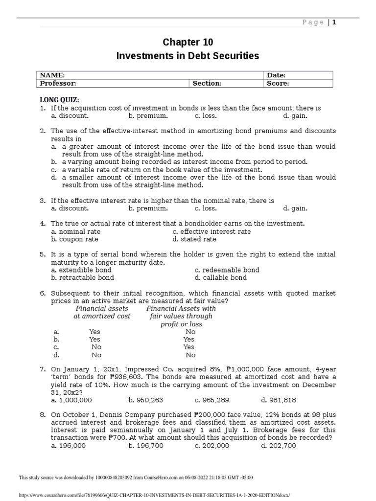 Quiz Chapter 10 Investments in Debt Securities Ia 1 2020 Edition | PDF ...