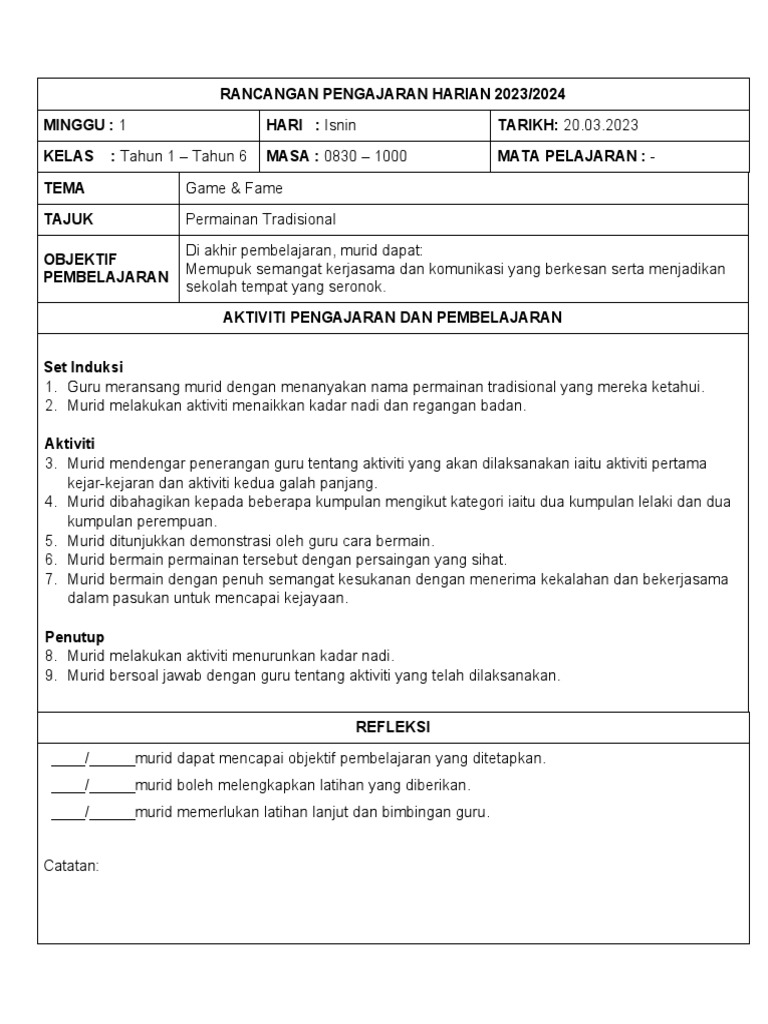 RPH Permainan Tradisional (20 3 2023) - 123825 | PDF