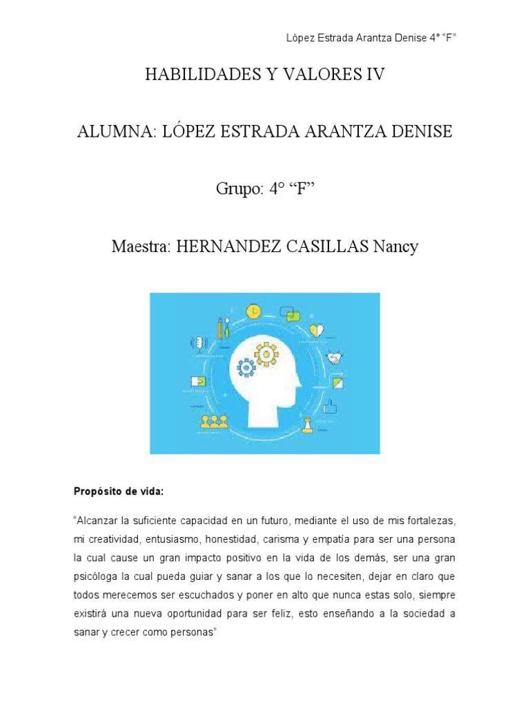 Habilidades Y Valores Iv Alumna: López Estrada Arantza Denise Grupo: 4° "F" Maestra: HERNANDEZ ...
