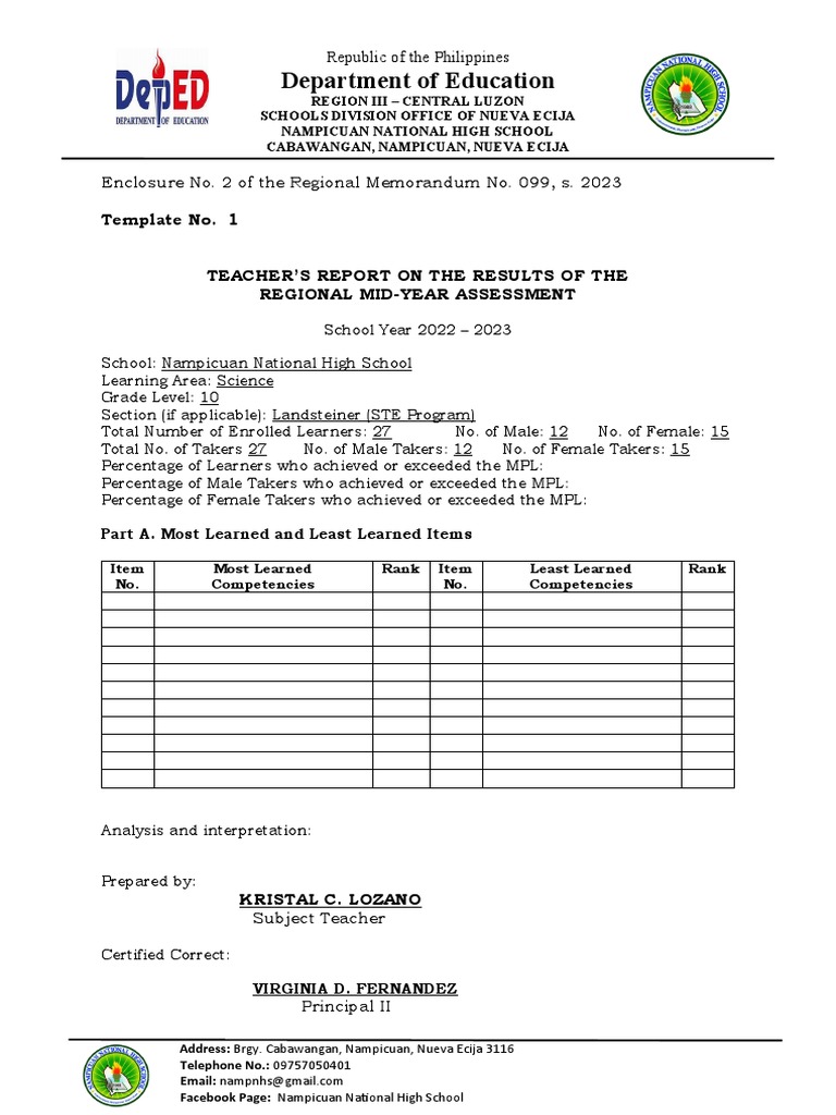Department of Education: Template No. 1 Teacher'S Report On The Results ...