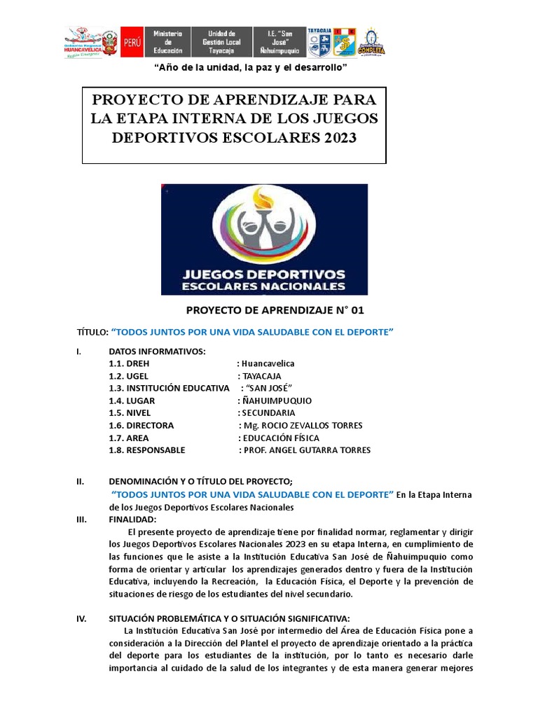 Proyecto de Aprendizaje para La Etapa Interna de Los Juegos Deportivos ...