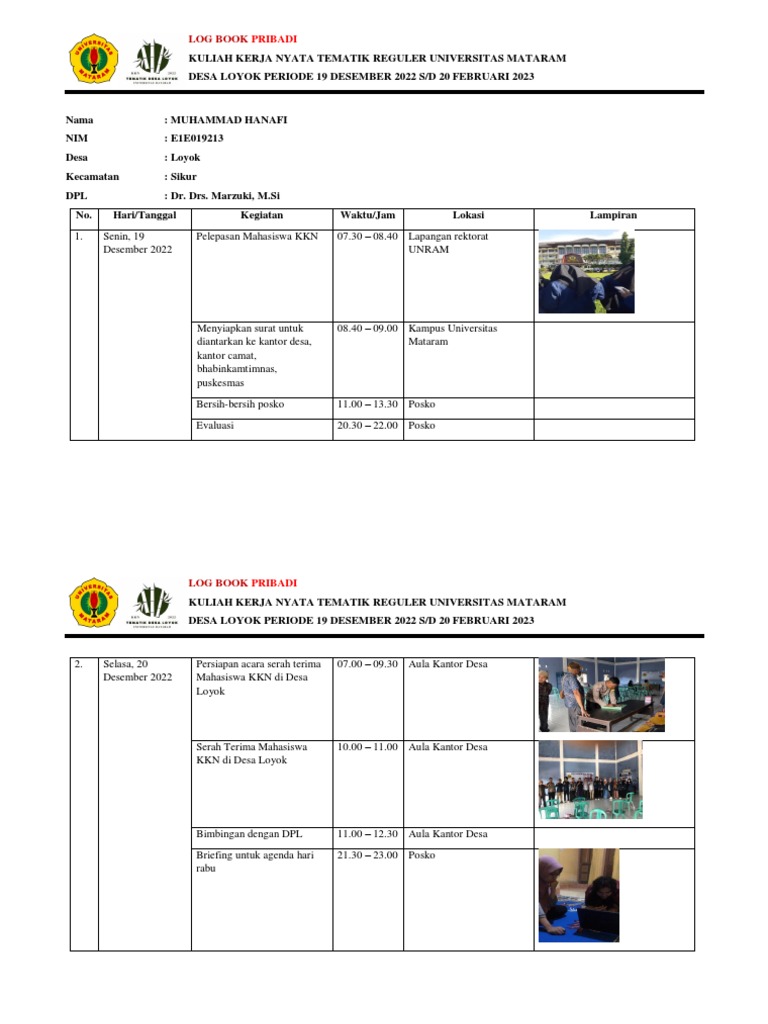 Logbook KKN Individu di Desa Loyok | PDF
