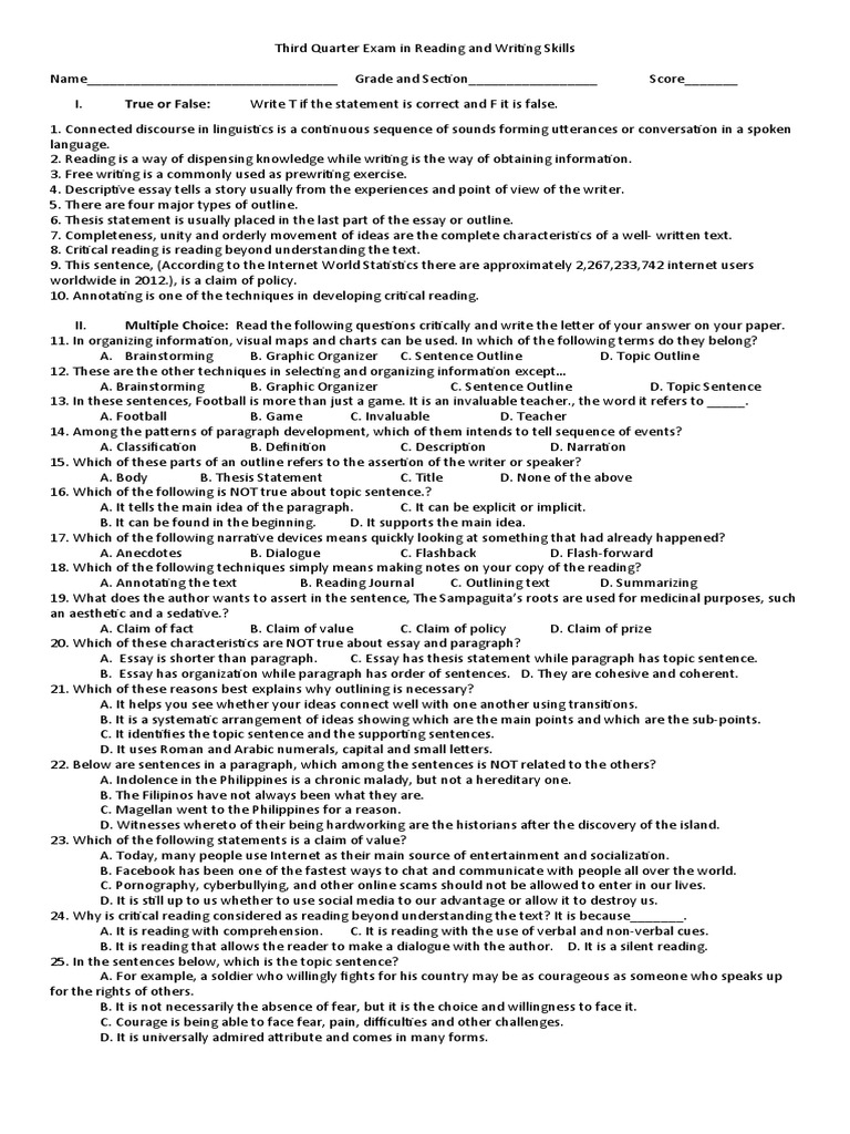 Grade 11 Reading and Writing Exam | PDF | Cannabis | Essays