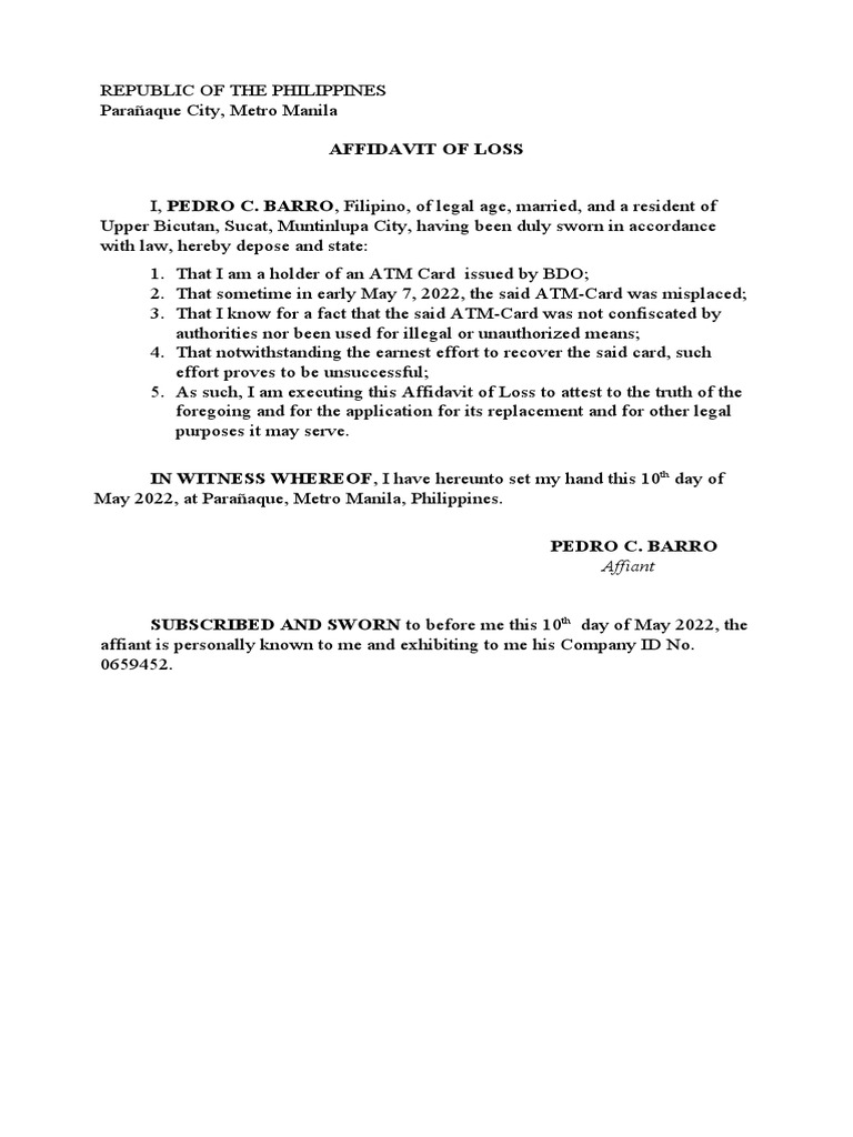 Affidavit of Loss: Affiant | PDF | Finance & Money Management | Social Science